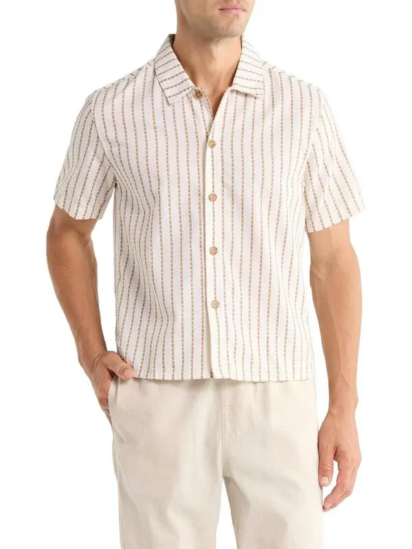 RHYTHM Vacation Stripe Crop Short Sleeve Cotton Button-up Shirt - Beige Multi