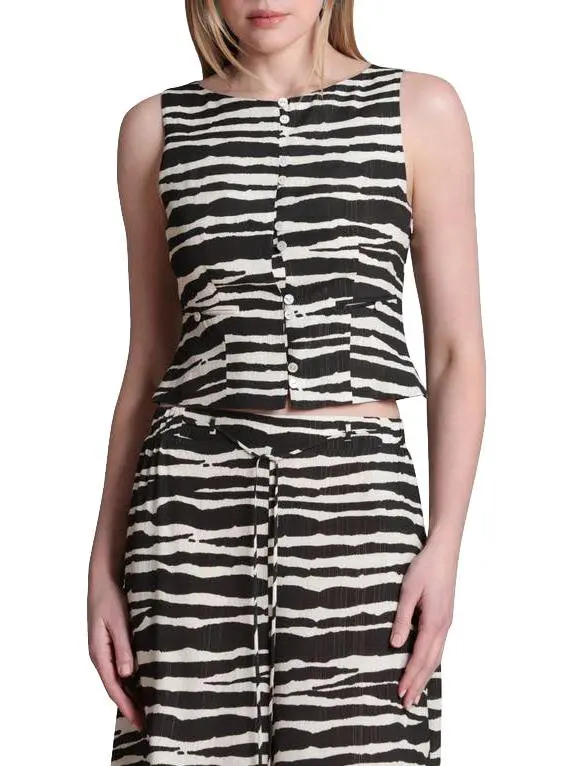 Avec Les Filles Boat Neck Button Front Tank - Zebra Print