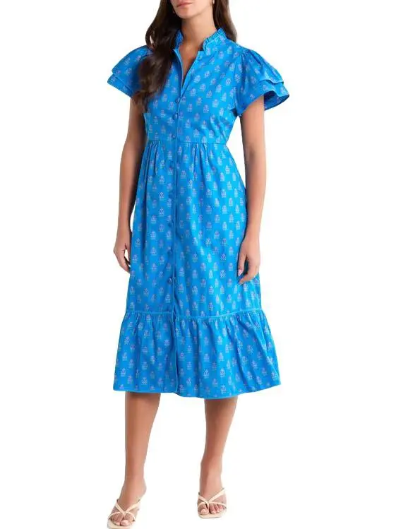 SUGARLIPS Davie Button Midi Shirtdress - Cobalt-multi