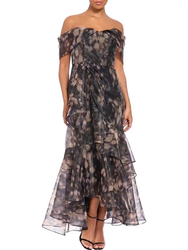 Maggy London Print Off-the-shoulder Organza Gown - Navy/buff