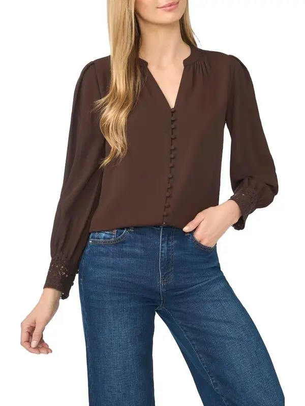 CECE DUPRAZ Lace Cuffed Button-front Top - Coffee Bean