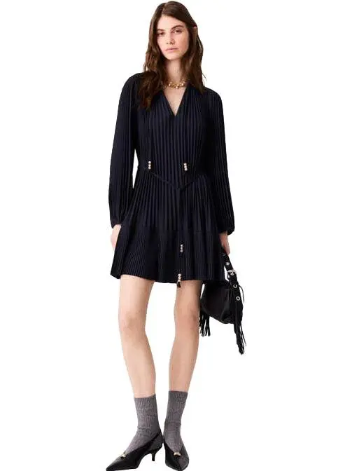 Maje Short Pleated Dress - Navy
