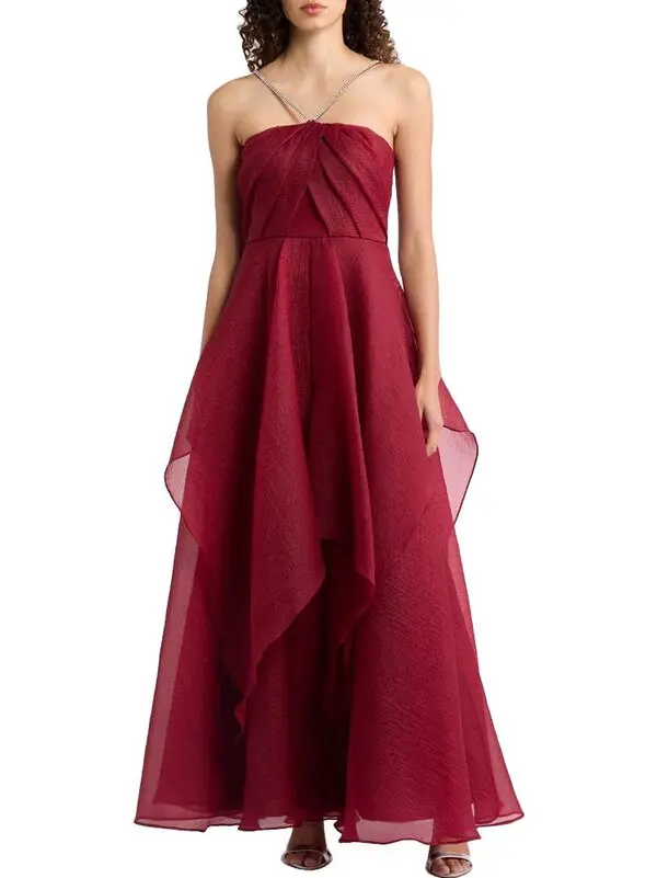Eliza J Embellished Strap Tiered Ballgown - Wine