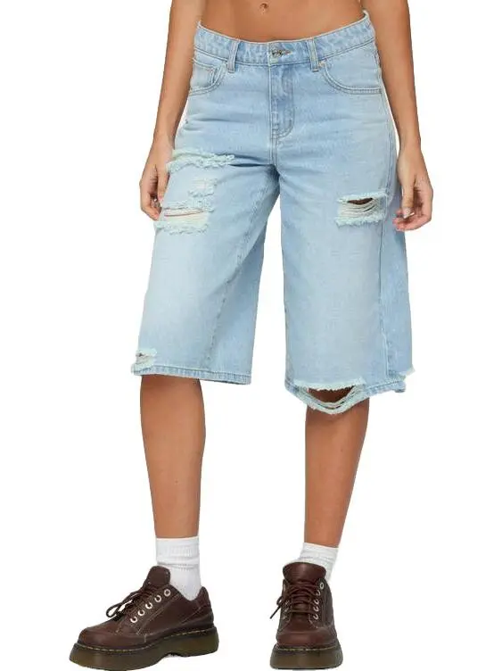 EDIKTED Distressed Low Rise Boyfriend Shorts - Light-blue-washed
