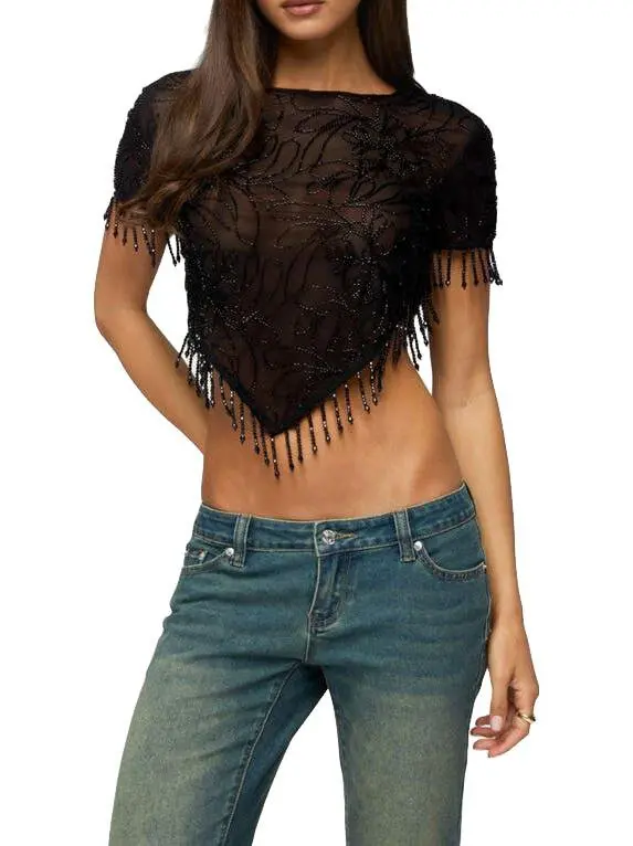 EDIKTED Yanna Beaded Fringe Poncho Crop Top - Black