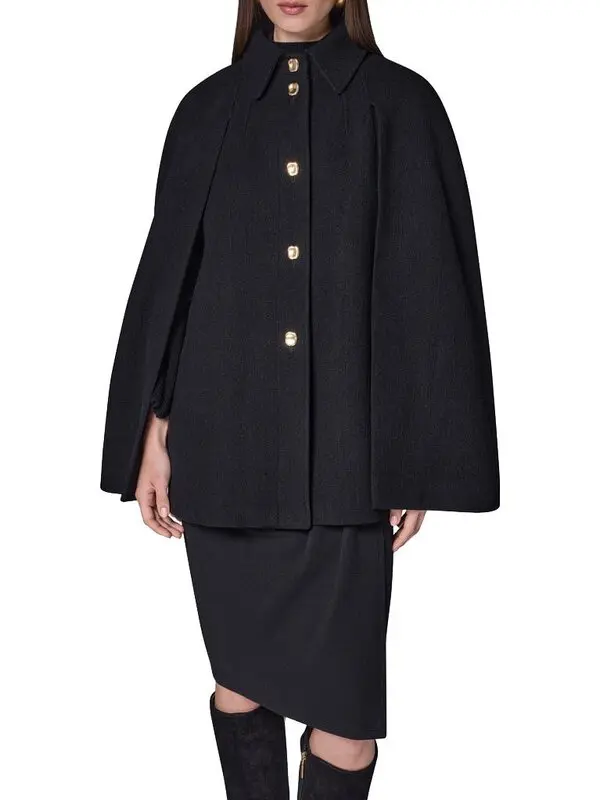Donna Karan New York Button Front Wool Blend Cape Coat - Black