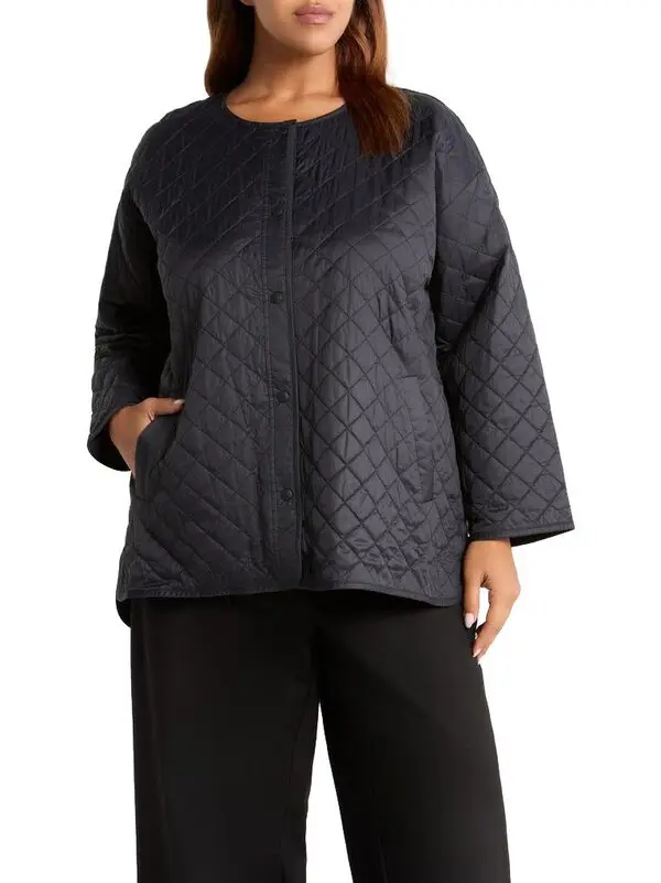 Eileen Fisher Round Neck Quilted Short Coat - Black