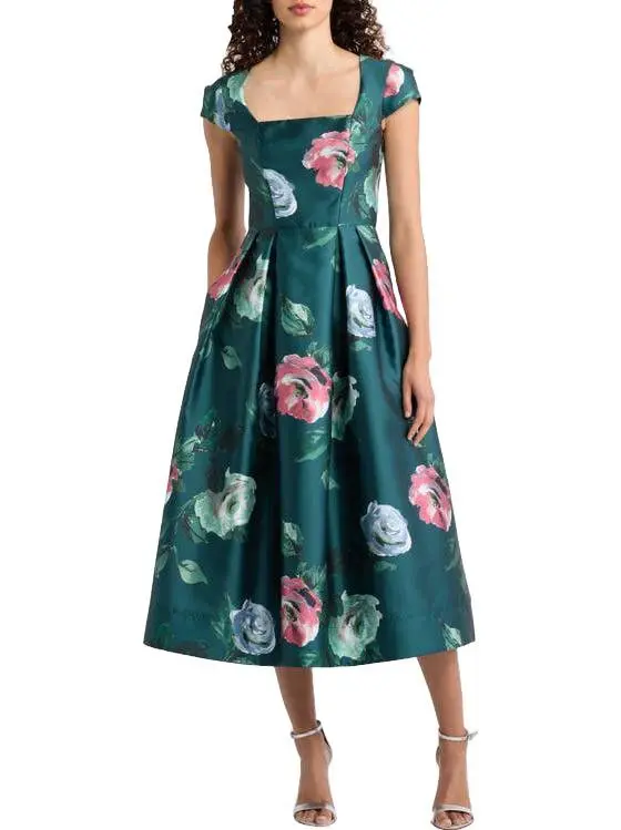 Eliza J Floral Cap Sleeve Fit & Flare Satin Midi Dress - Hunter