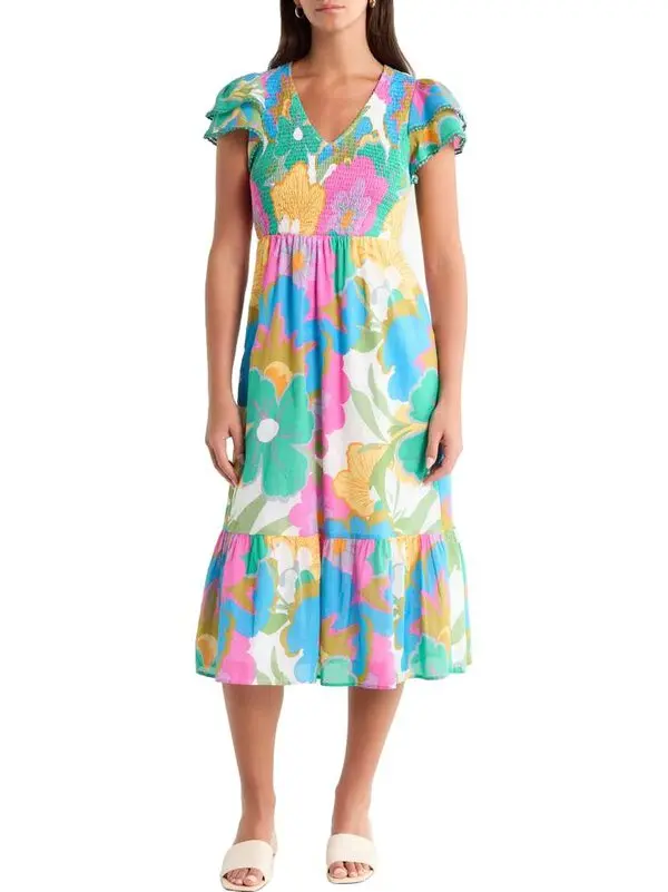 SUGARLIPS Patte Floral Patte Tiered Midi Dress - White-multi