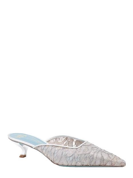 VALENTINA RANGONI Lace Pointed Toe Kitten Heel Slides - Metallic Silver