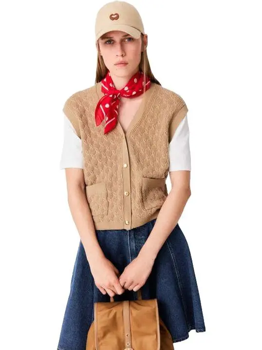 Maje 2-in-1 Effect Cardigan With Textured Knit - Biscuit
