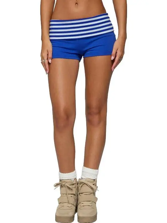 EDIKTED Shantal Stripe Stretch Cotton Foldover Microshorts - Blue-and-white