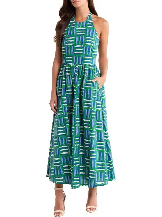 SUGARLIPS Daine Fish Print Cotton Halter Maxi Dress - Green-blue-multi