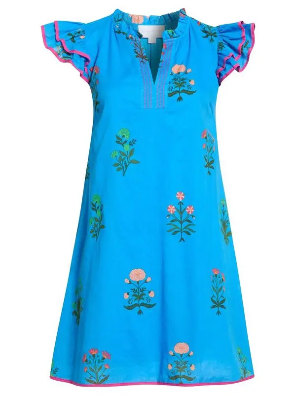 SUGARLIPS Merina Placed Floral Cotton Shift Minidress - Blue-multi