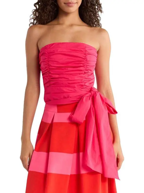 SUGARLIPS Isabel Strapless Ruched Cotton Top With Bow Detail - Fuchsia