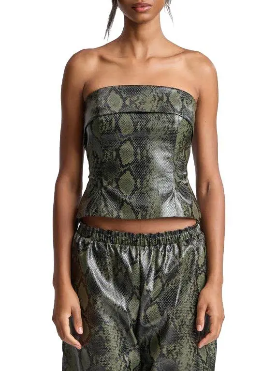 Avec Les Filles Python Print Faux Leather Strapless Top - Green Python