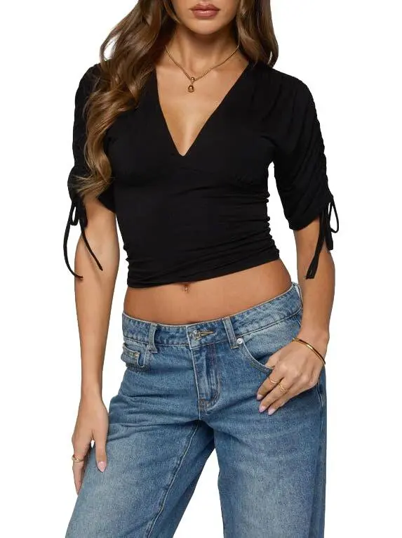EDIKTED Muriel Drawstring V-neck Top - Black
