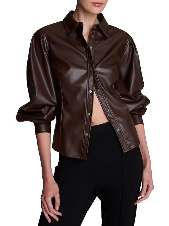 KENNETH COLE Pleated Faux Leather Snap Front Top With Puffed Sleeves - Medium Bark