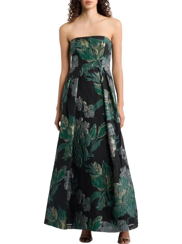 Eliza J Strapless Metallic Jacquard A-line Gown - Hunter