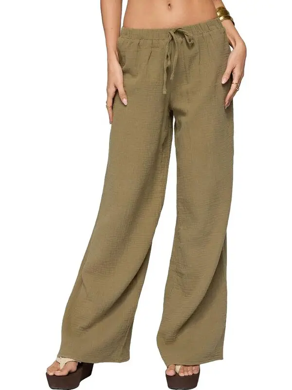 EDIKTED Viktoria Wide Leg Gauze Pants - Olive