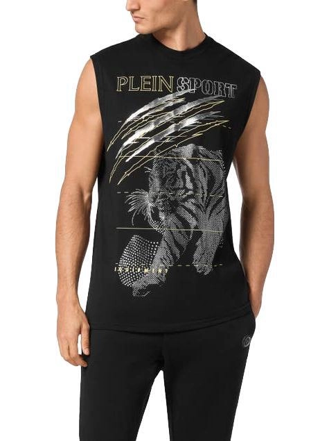 PLEIN SPORT Cotton Dotted T-shirt Round Neck Sleeveless Lamina Tiger - Black/silver