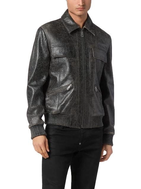 Philipp Plein Leather Coster Bomber Jacket Ls - Darkgrey