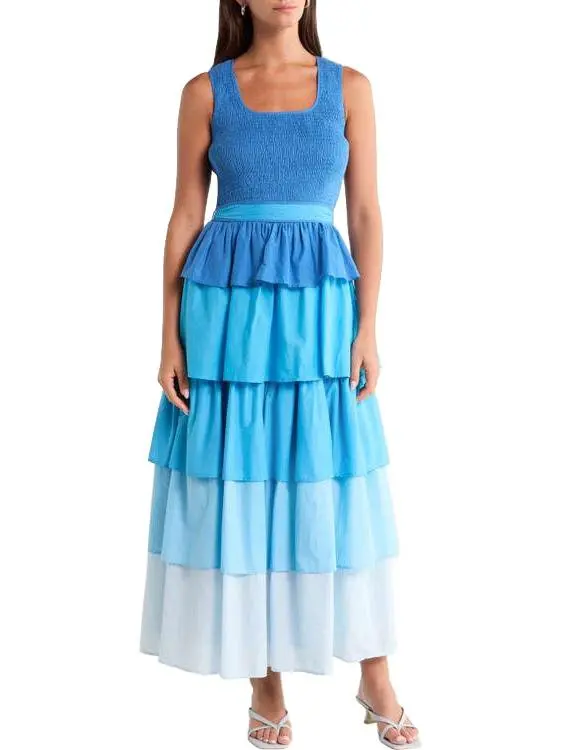 SUGARLIPS Zoria Smocked Tiered Maxi Dress - Blue-multi