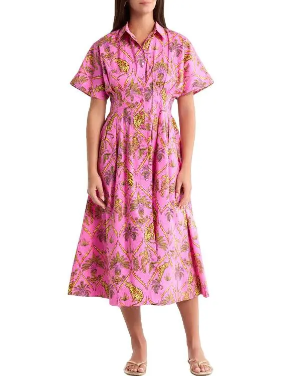 SUGARLIPS Wilderra Pleated Cotton Midi Shirtdress - Pink-leopard