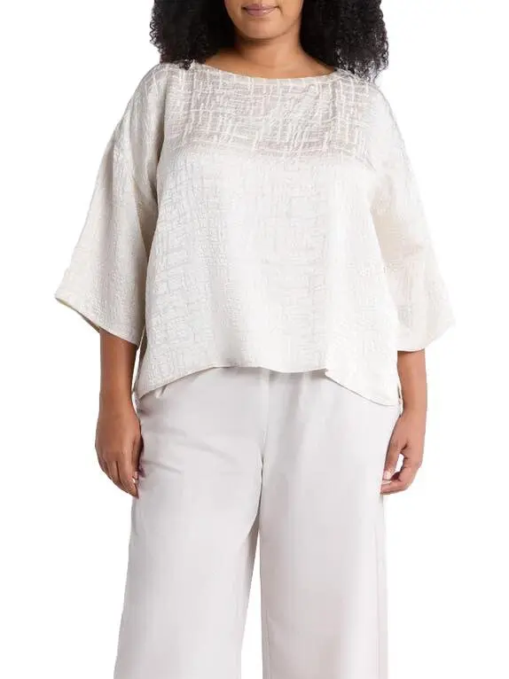 Eileen Fisher Bateau Neck Box Top With 3/4 Sleeves In Silk - Plaster