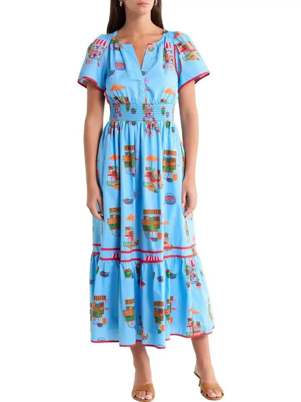 SUGARLIPS Ordy Smocked Cotton Maxi Dress - Blue-multi