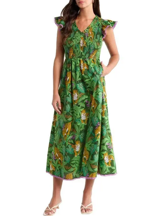 SUGARLIPS Merlin Smocked Bodice Flutter Sleeve Cotton Midi Sundress - Green-multi