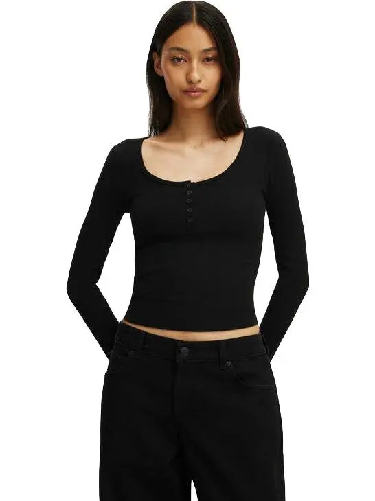 COTTON ON Blake Rib Scoop Henley Long Sleeve - Black