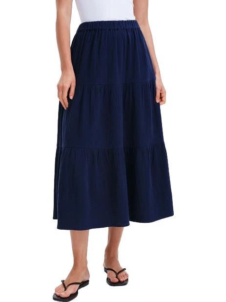 FINERY LONDON Harriet Cotton Cheesecloth Midi Skirt - Navy