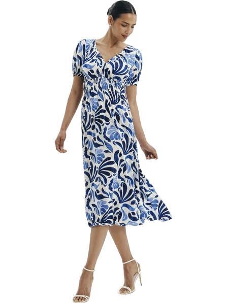 FINERY LONDON Dolly V-neck Midi Dress - Blue Abstract