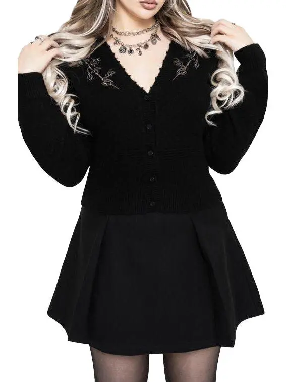 DISTURBIA Rime Embroidered V-neck Fitted Cardigan - Black