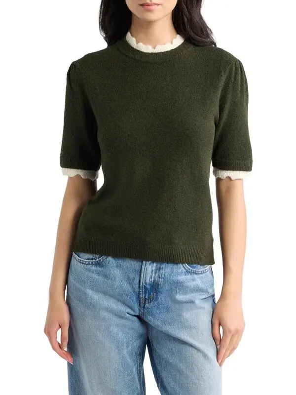WAYF Everett Short Sleeve Sweater With Scalloped Mock Neck - Hunter