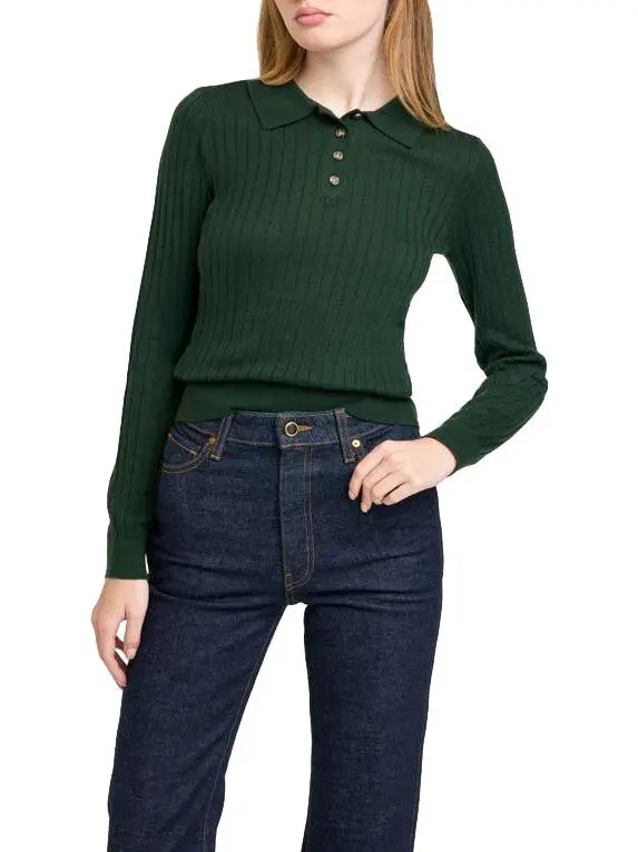 WAYF Evie Ribbed Polo Sweater - Hunter