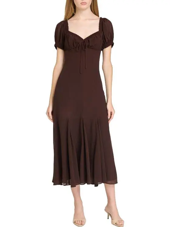 WAYF Natalie Midi Dress With Puff Sleeves And Sweetheart Neckline - Chocolate