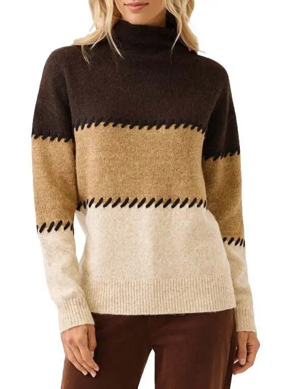 Karen Kane Contrast Stitch Mock Neck Sweater - Brown