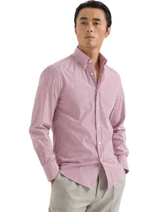 Brunello Cucinelli Striped Poplin Shirt With Button-down Collar - Amaranth