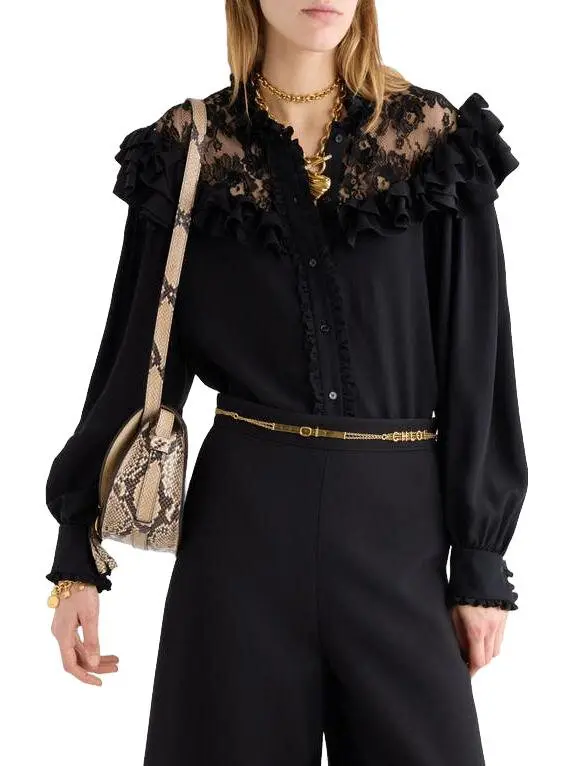 Chloé Silk Crepe De Chine Shirt With Lace Details - Black