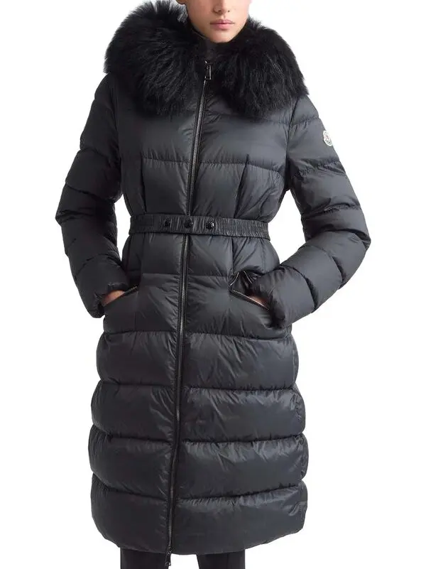 Moncler Boedic Water Repellent Long Down Puffer Coat With Genuine Shearling Trim - Black