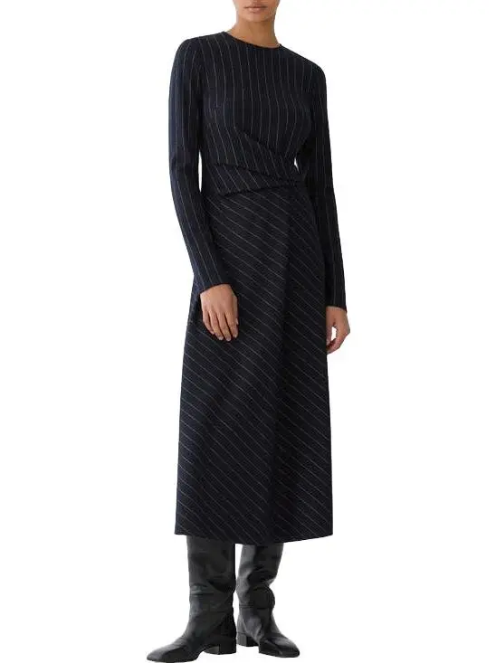 Lafayette 148 New York Gathered Waist Wool & Cotton Midi Dress - Navy Multi
