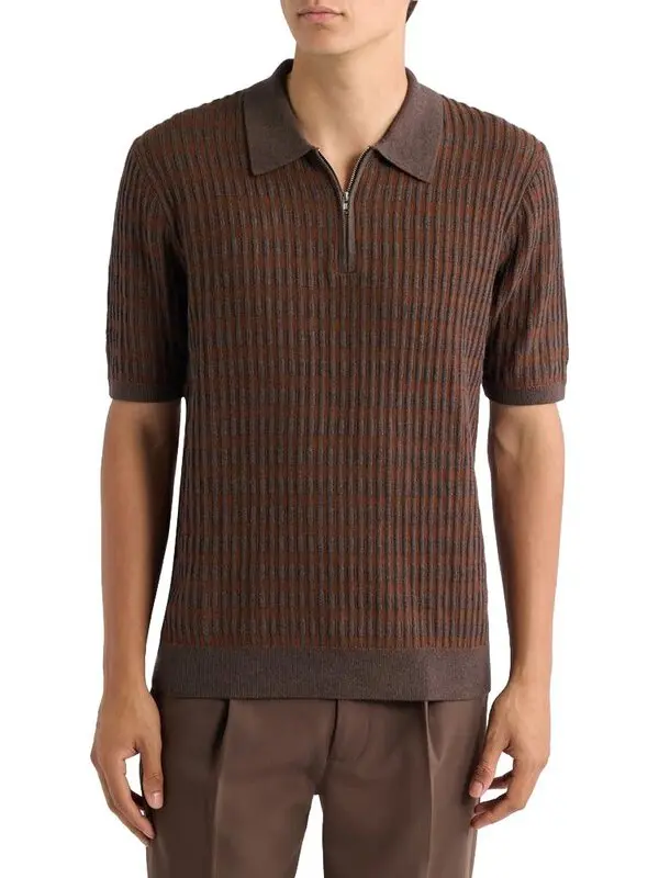 WAX LONDON Bury Ribbed Cashmere Blend Zip Polo - Brown