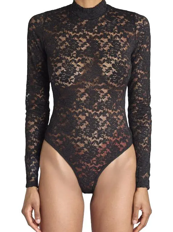 STEMS Mock Neck Sheer Lace Bodysuit - Black
