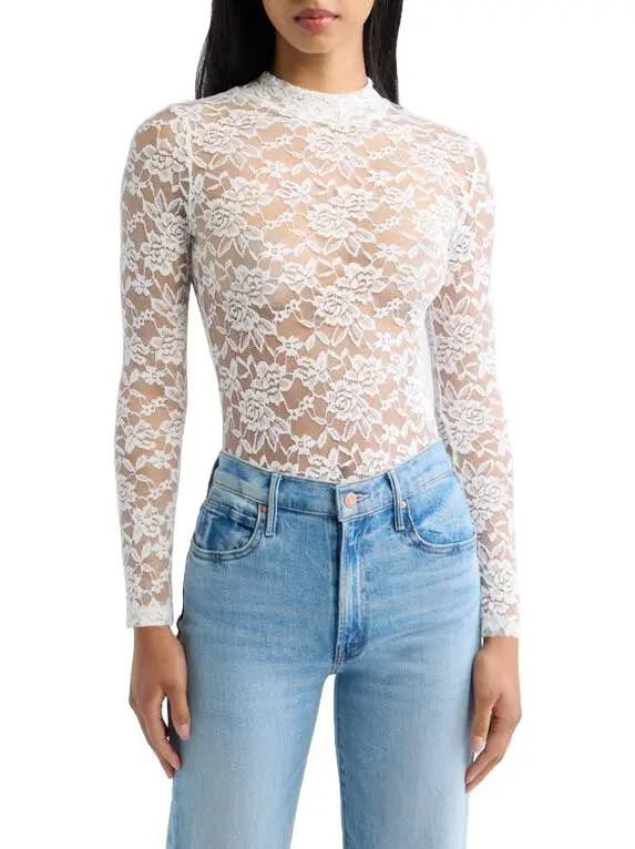 STEMS Mock Neck Sheer Lace Bodysuit - White