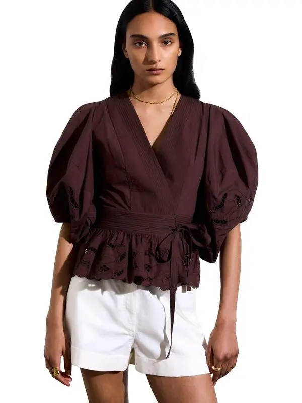 Vanessa Bruno Gunner Embroidered V-neck Wrap Blouse - Chocolat