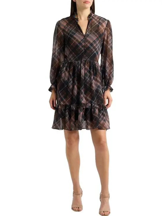 Julia Jordan Long Sleeve Plaid Georgette Dress - Brown/black