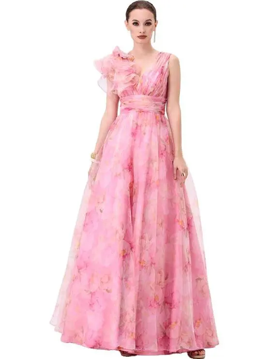 BARIANO Cressida Ruffle Shoulder Gown - Floral Multi