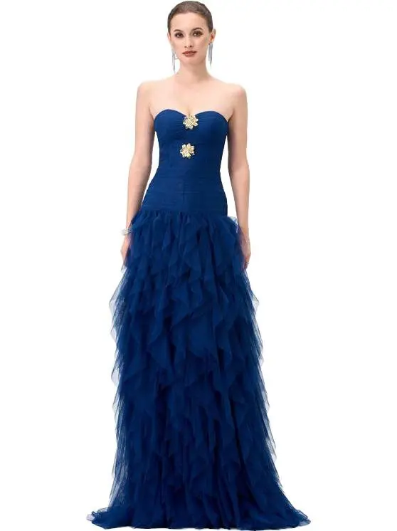 BARIANO Ziana Strapless Ruffle Ball Gown - Navy
